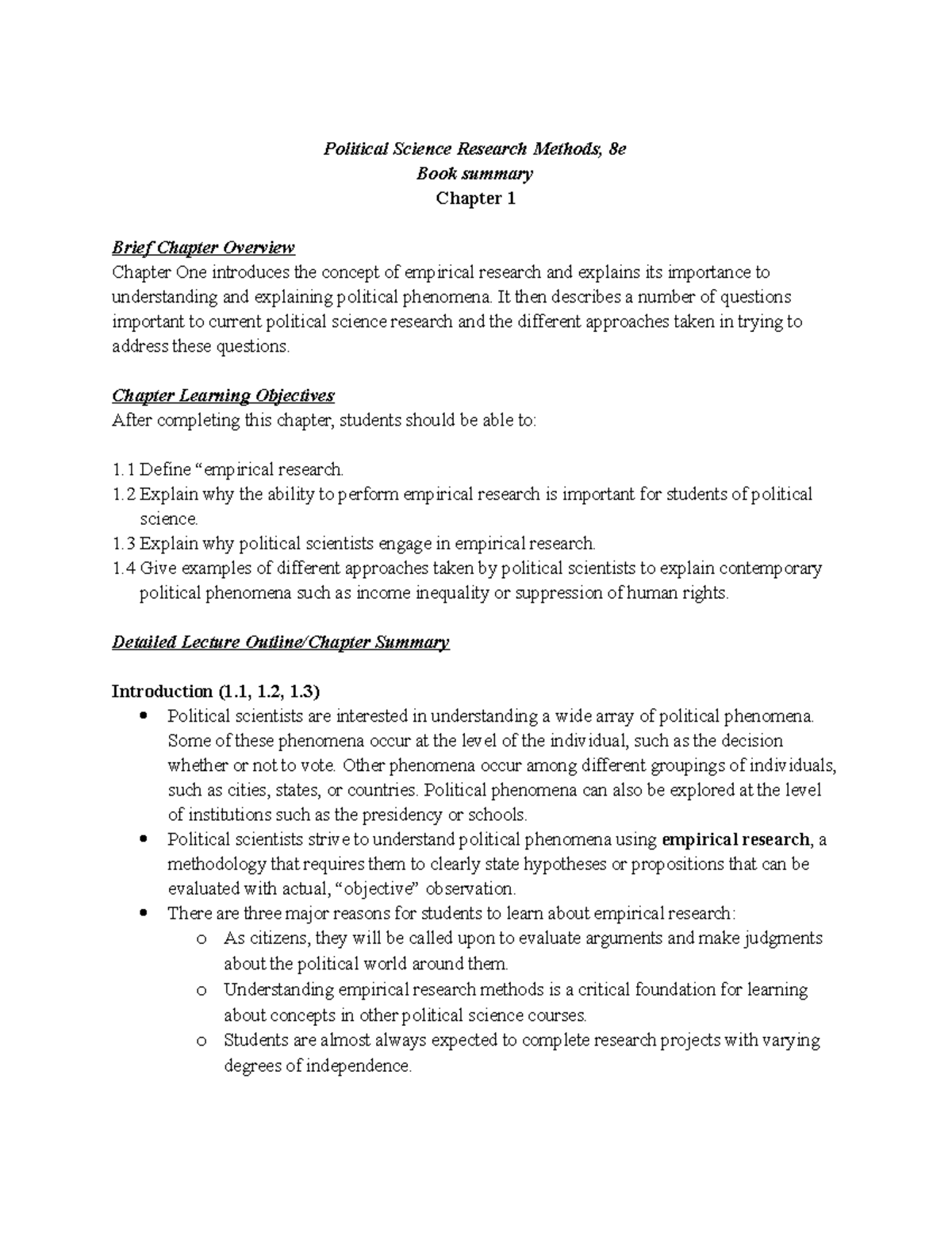 Political Science Research Methods Summary - Chapter 1 Overview ...