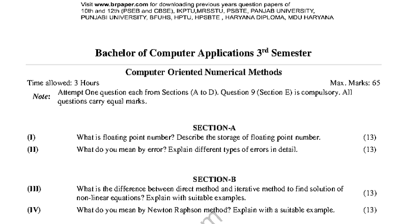 BCA 3rd Sem: Computer Oriented Numerical Methods Exam Guide - Studocu