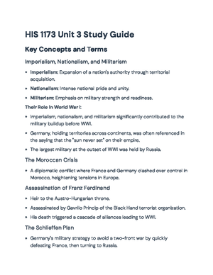 HIS 1173 Unit 3 Study Guide: Key Concepts for World War I Exam - HIS ...