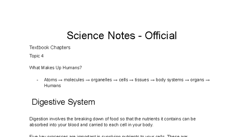 Year 8 Science Notes: Chapter 4 - Human Digestive System & Nutrients ...