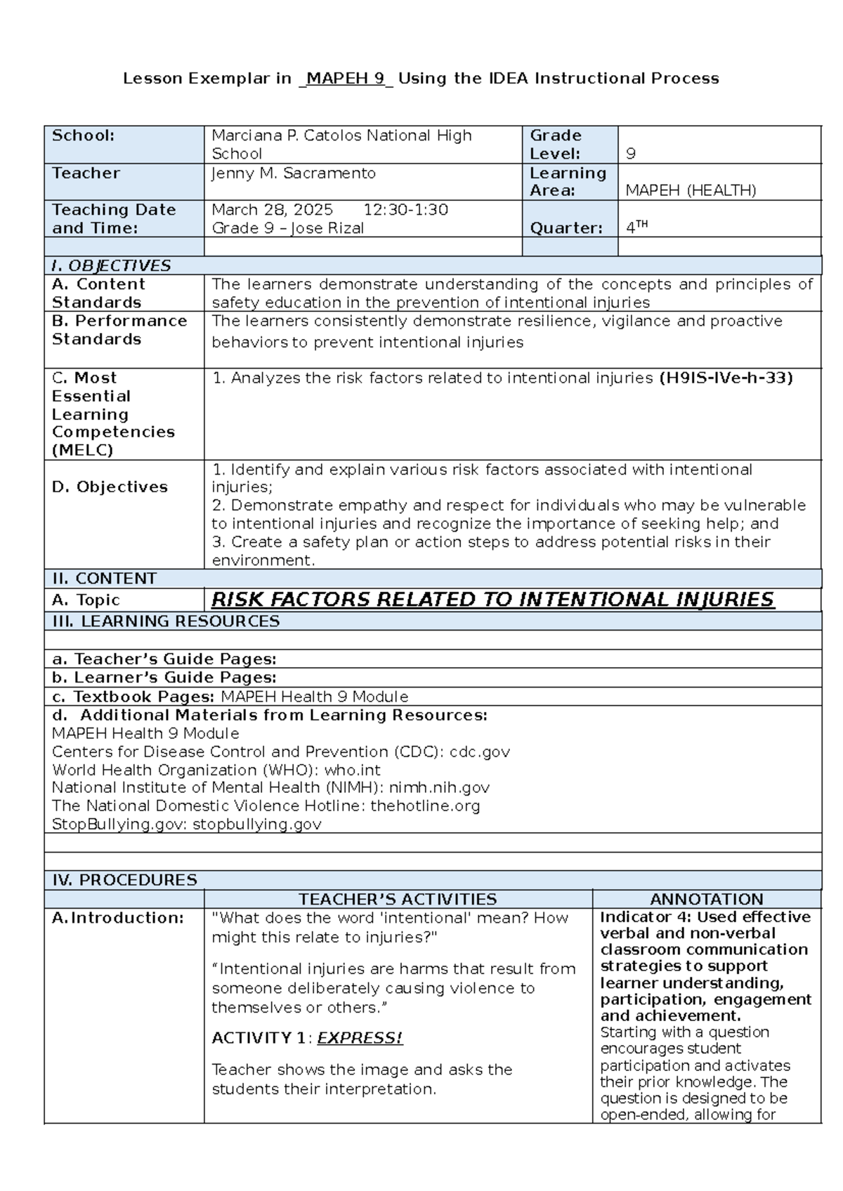 Annotated Lesson Plan: MAPEH 9 on Intentional Injuries - Studocu
