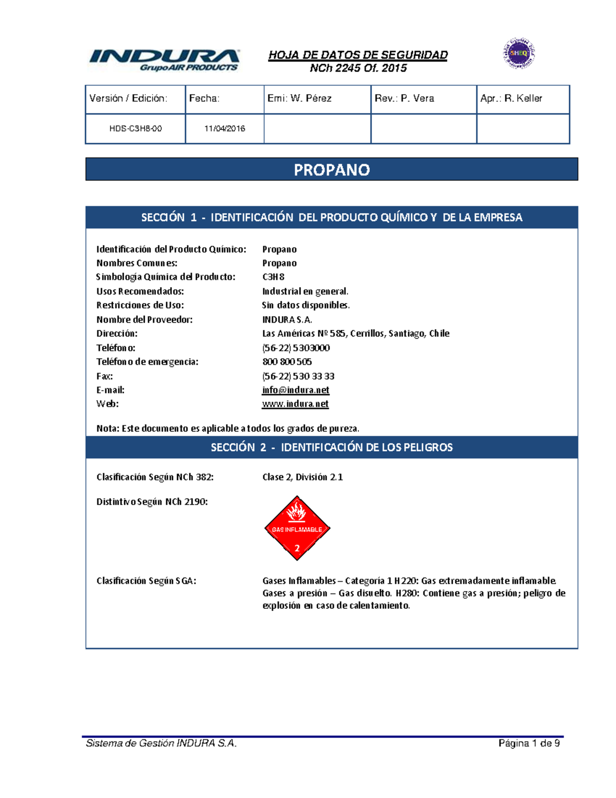 12. Propano HDS - ING. PREV. R - NCh 2245 Of. 2015 Versión / Edición ...