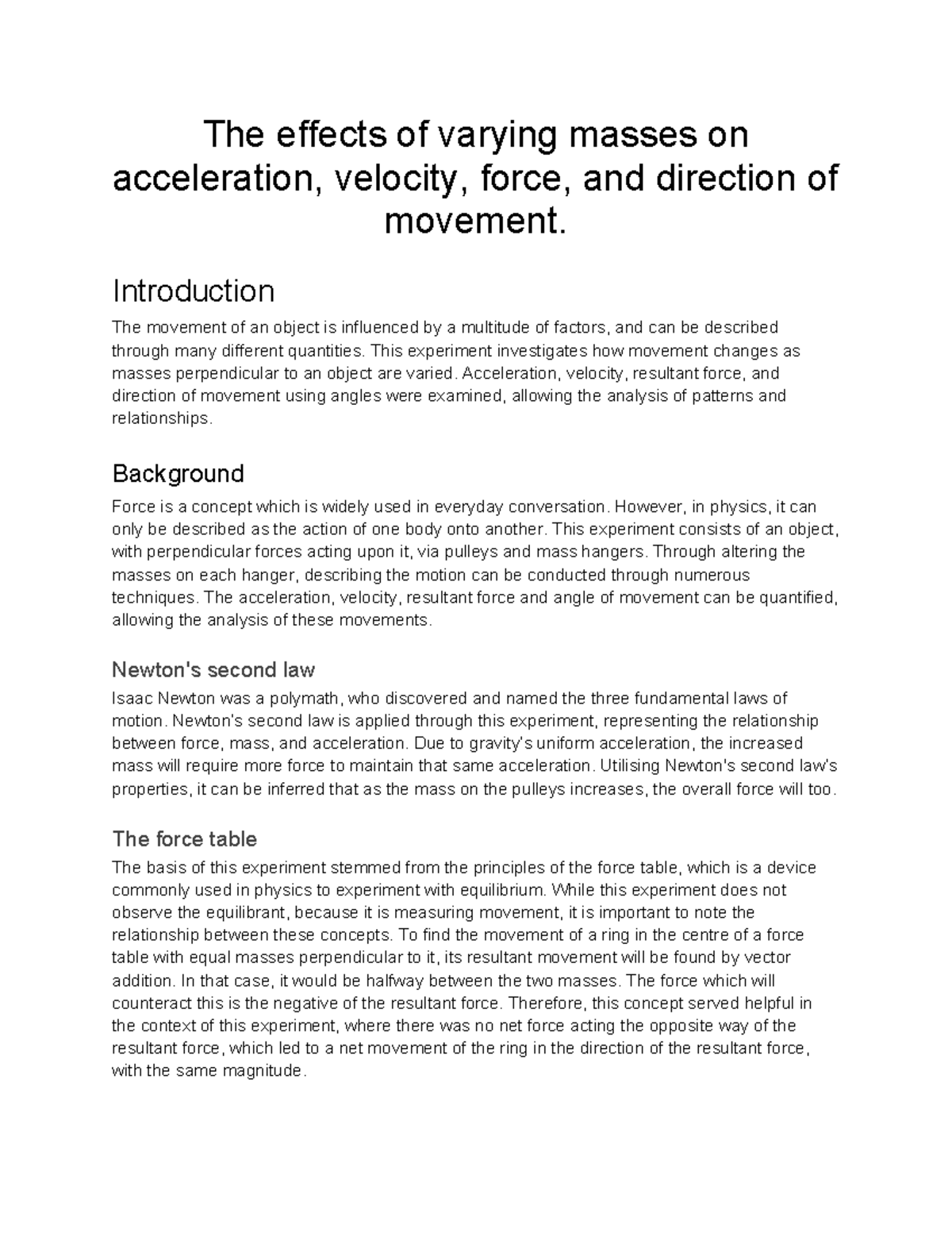 Kinematics Assessment 1: Effects of Mass on Acceleration & Force - Studocu
