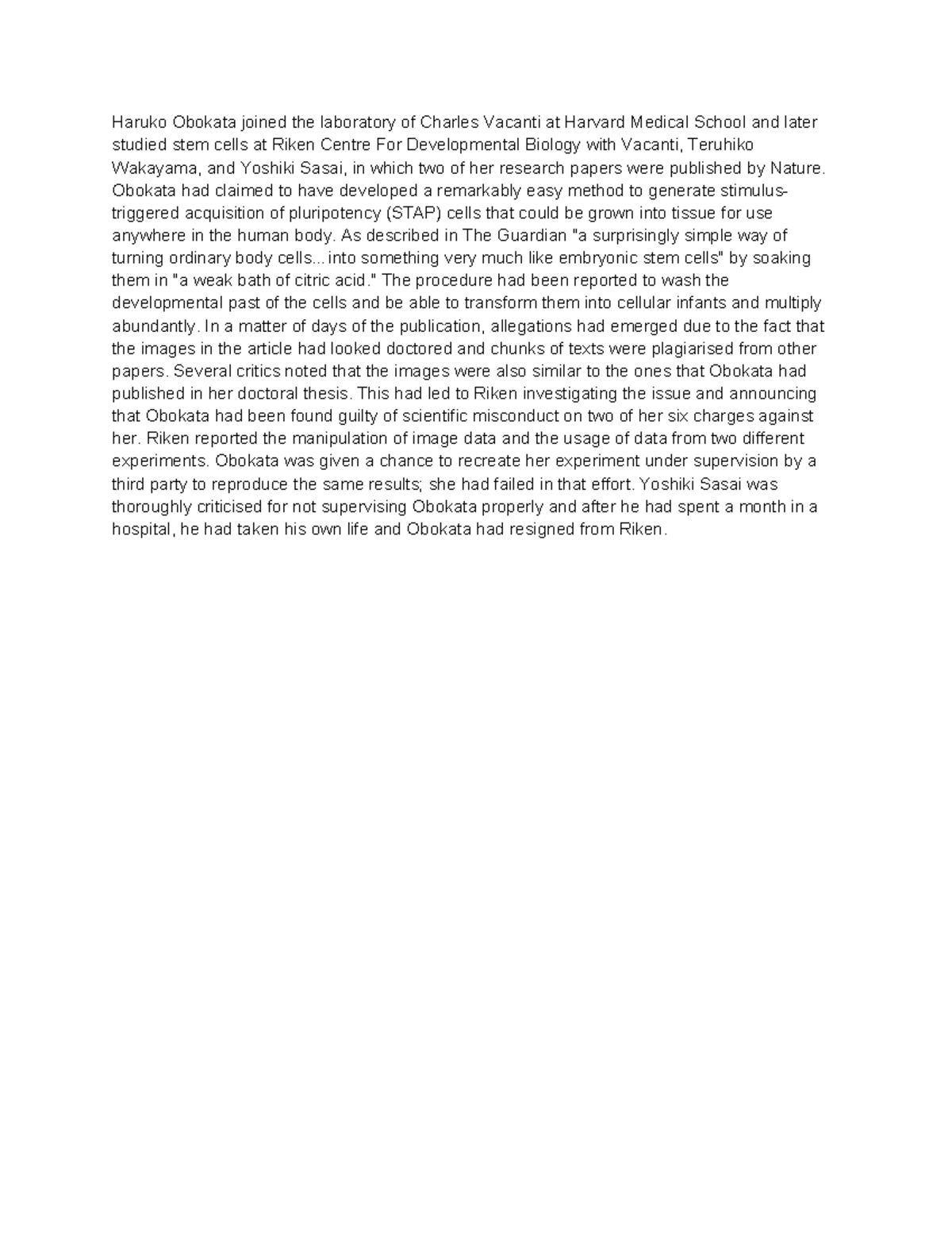 Haruko Obokata: Controversy and Misconduct in Stem Cell Research - Studocu