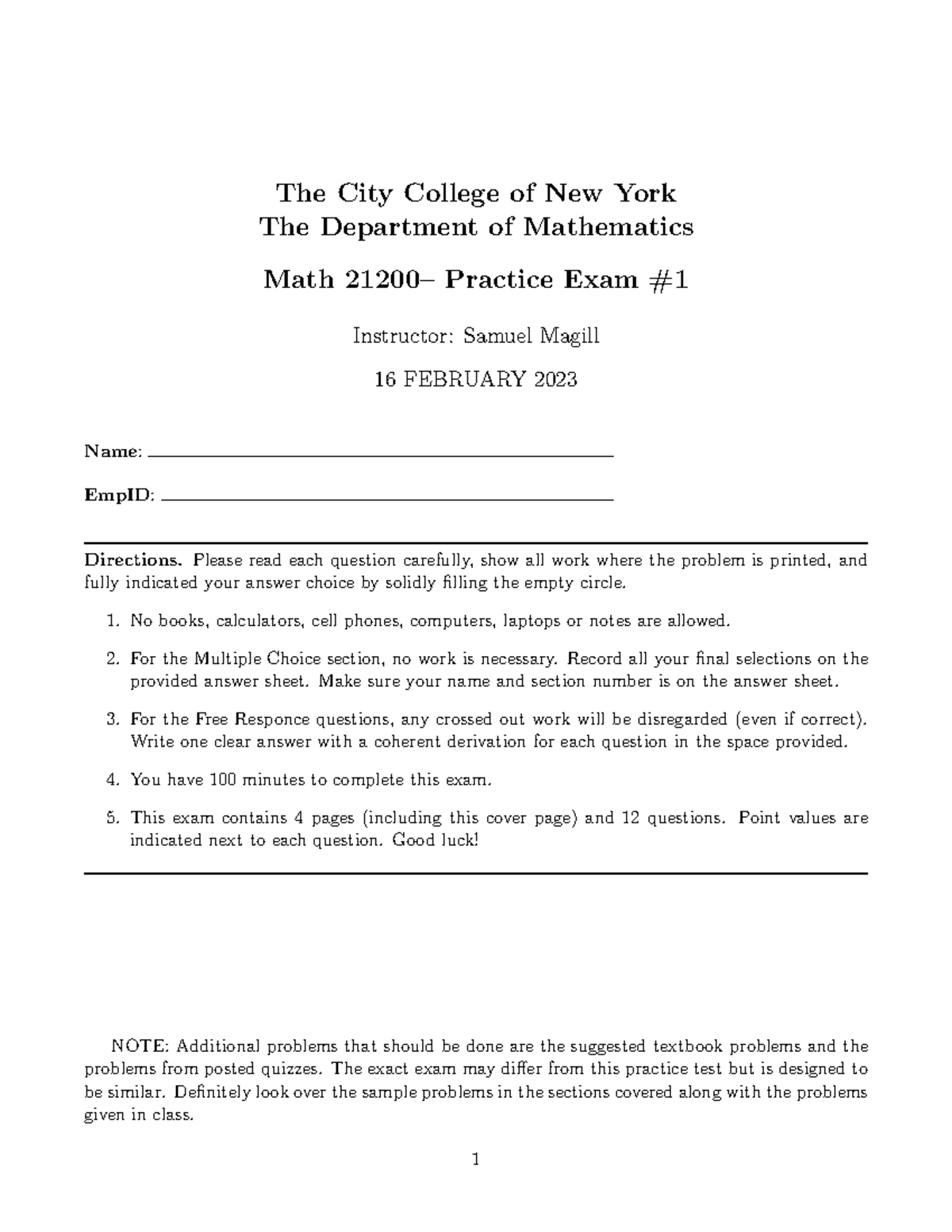 Exam1 212 Spring 2023 PRAC - The City College of New York The ...
