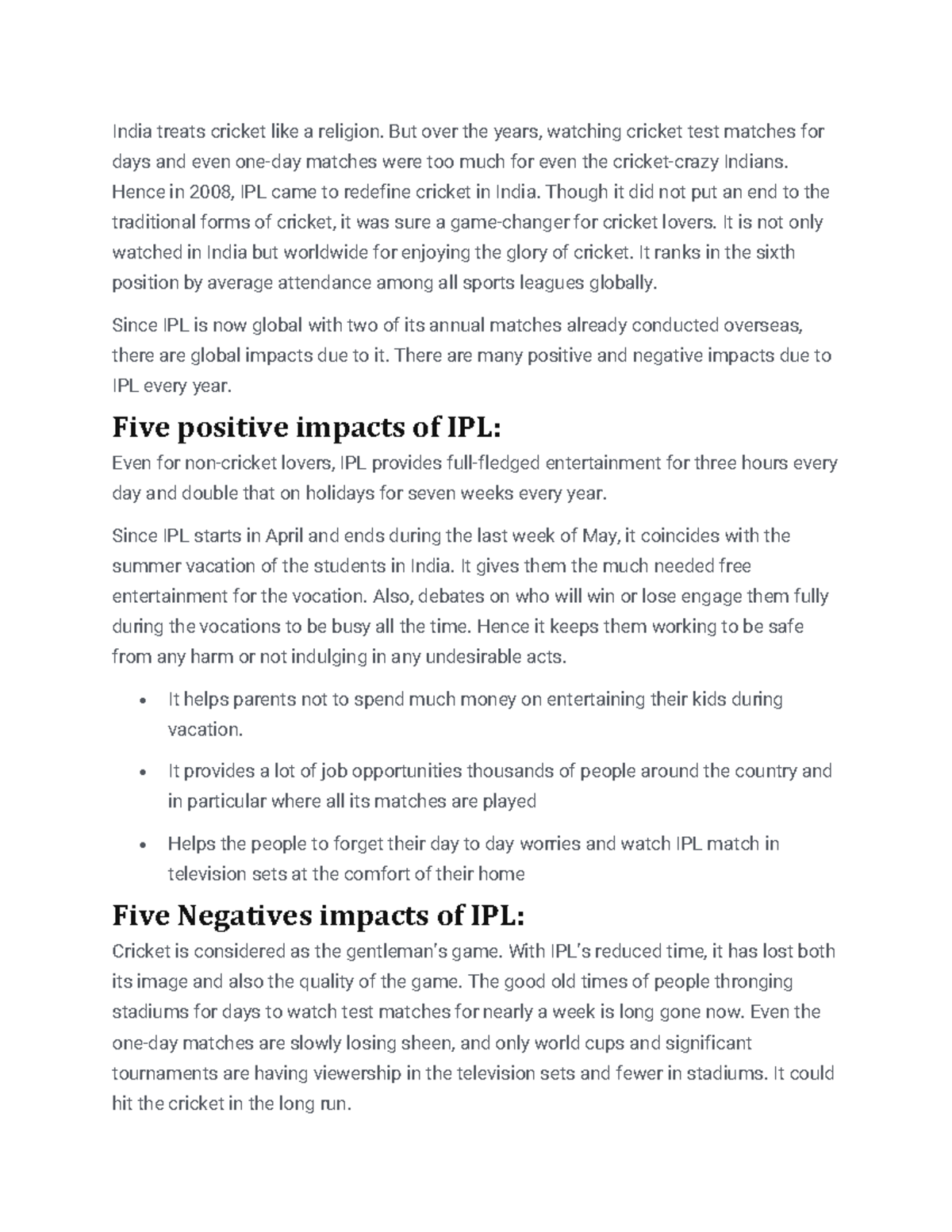 Impact of IPL on Cricket: Positive & Negative Effects Analysis - Studocu
