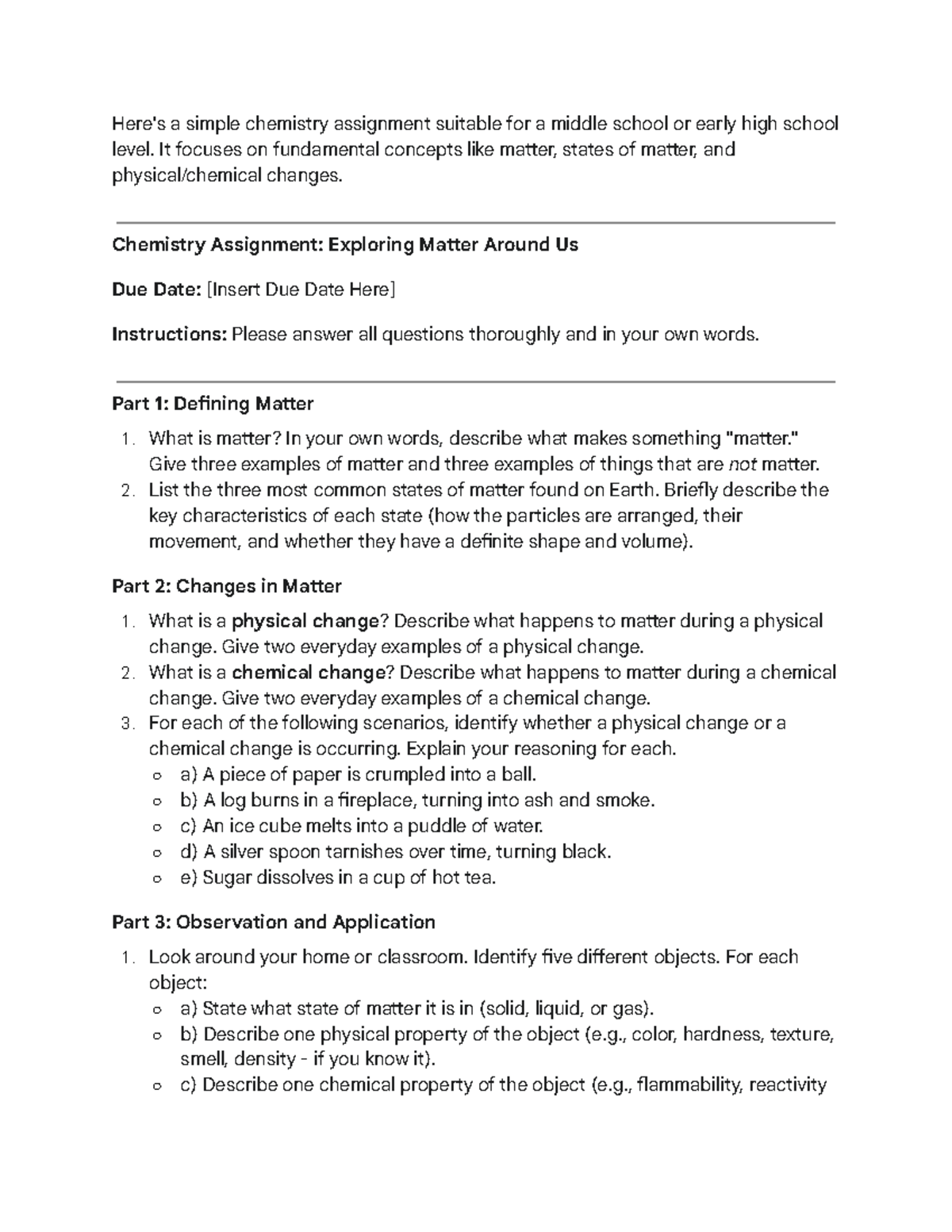 Chemistry Assignment (12): Understanding Matter and Its Changes - Studocu