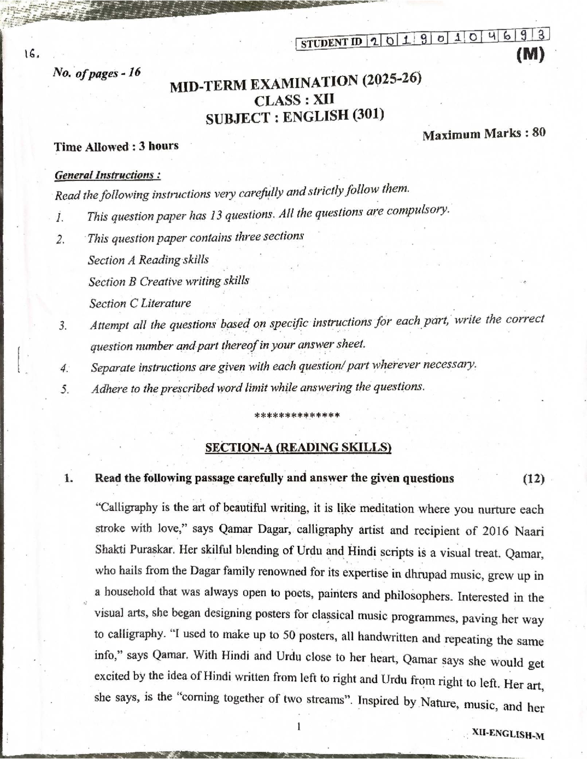 English (301) Class XII Final Exam Question Paper - Studocu