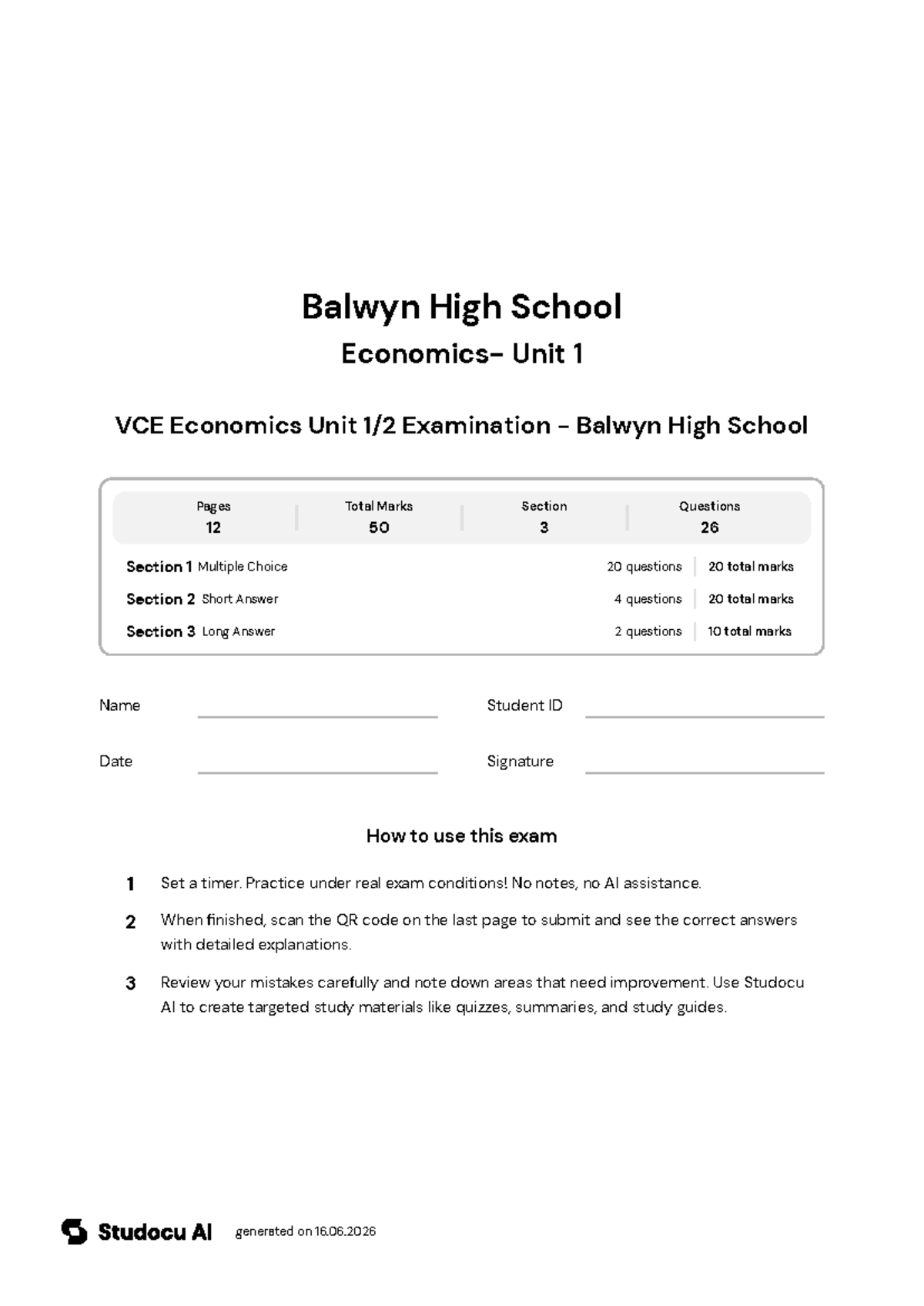 VCE Economics Unit 1/2 Exam - Balwyn High School - Studocu