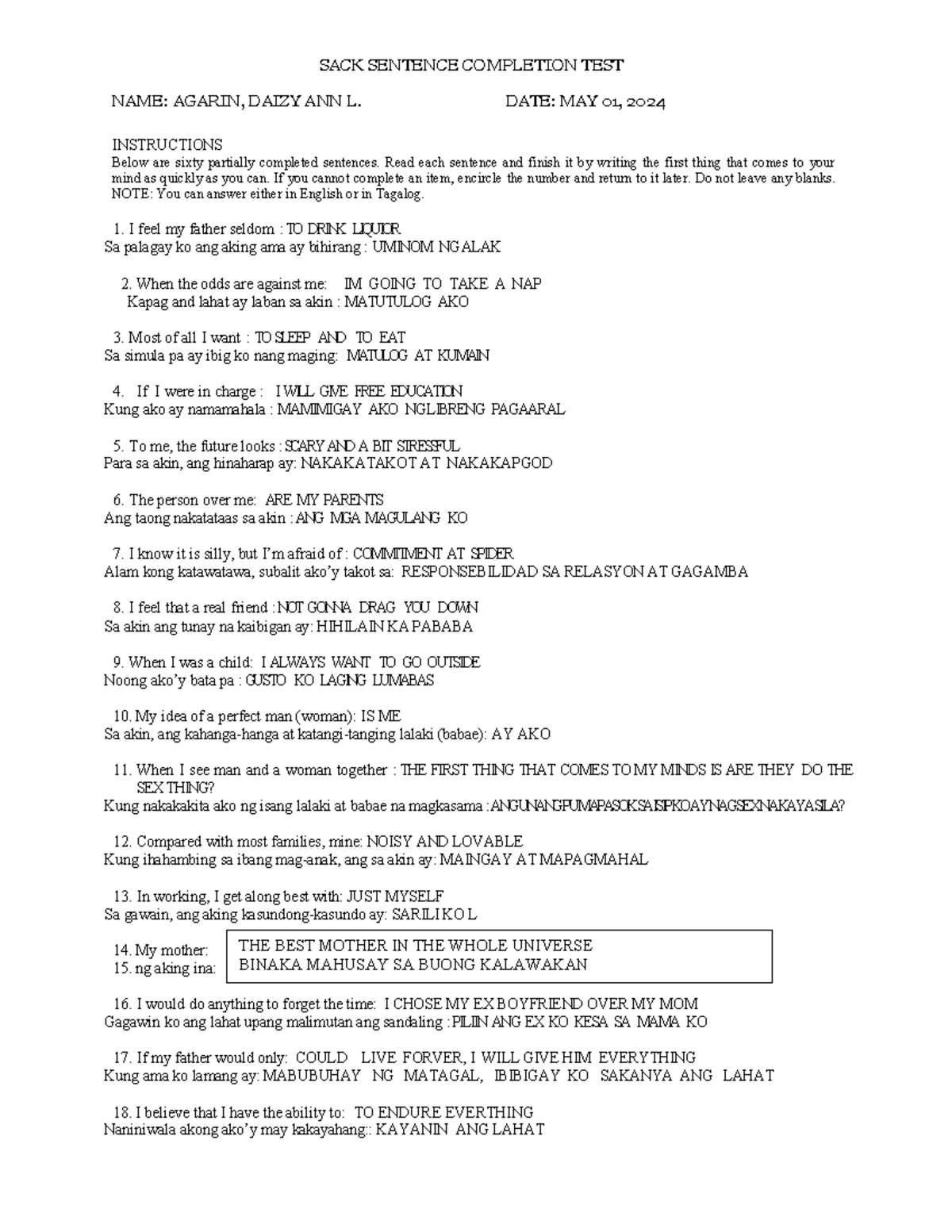 SACK Completion Sentence Test 1: Responses & Reflections - Studocu