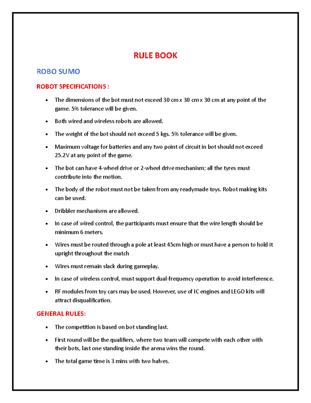 Robo Sumo Competition Rules & Bot Specifications - Studocu