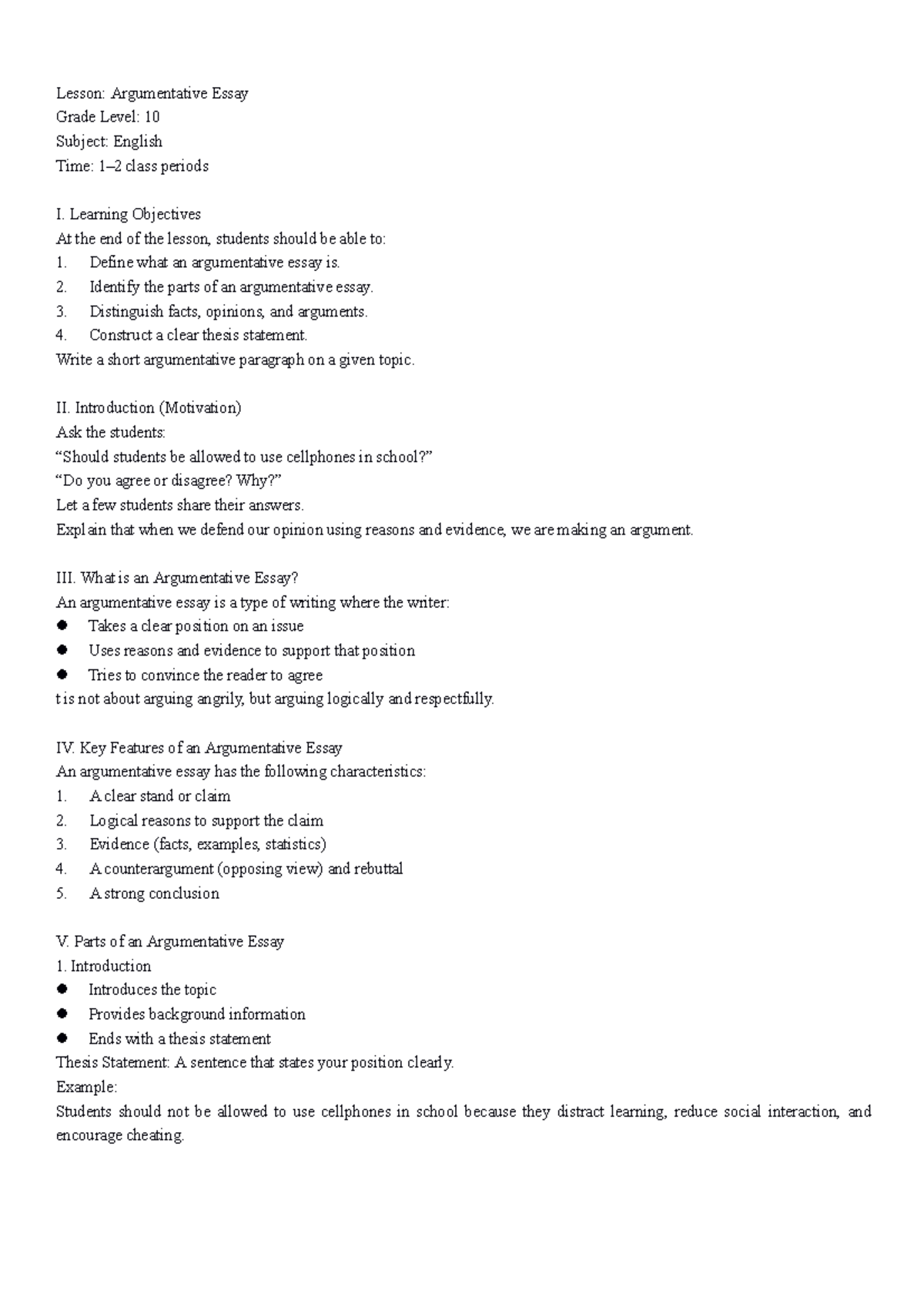 Grade 10 English: Lecture Notes on Argumentative Essays - Studocu