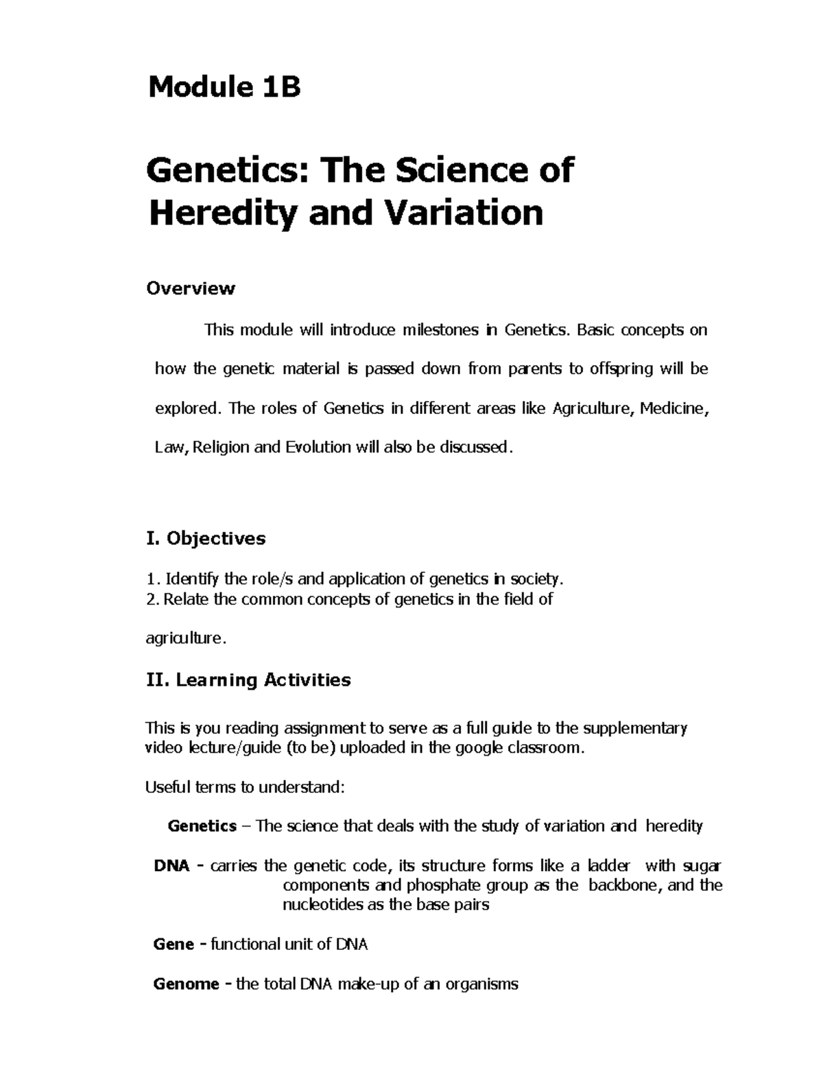 Module 1B Genetics - Module 1B Genetics: The Science of Heredity and ...