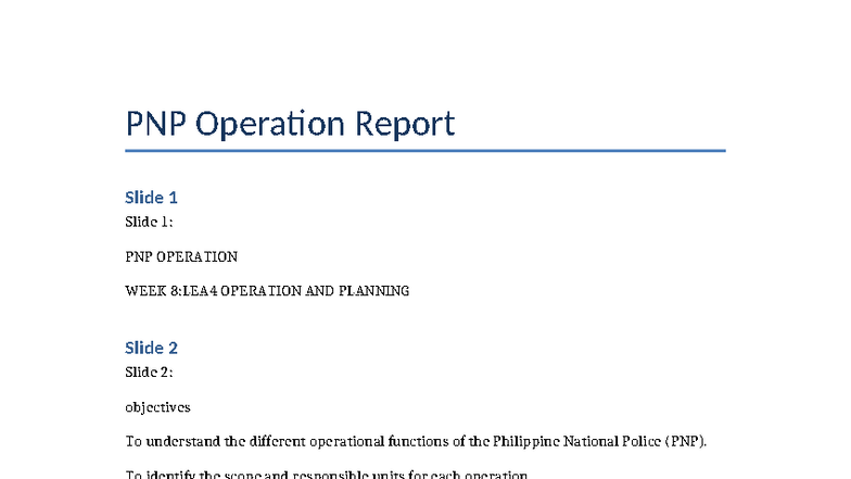 PNP Operation Report: Week 8 Overview of LEA4 Operations - Studocu
