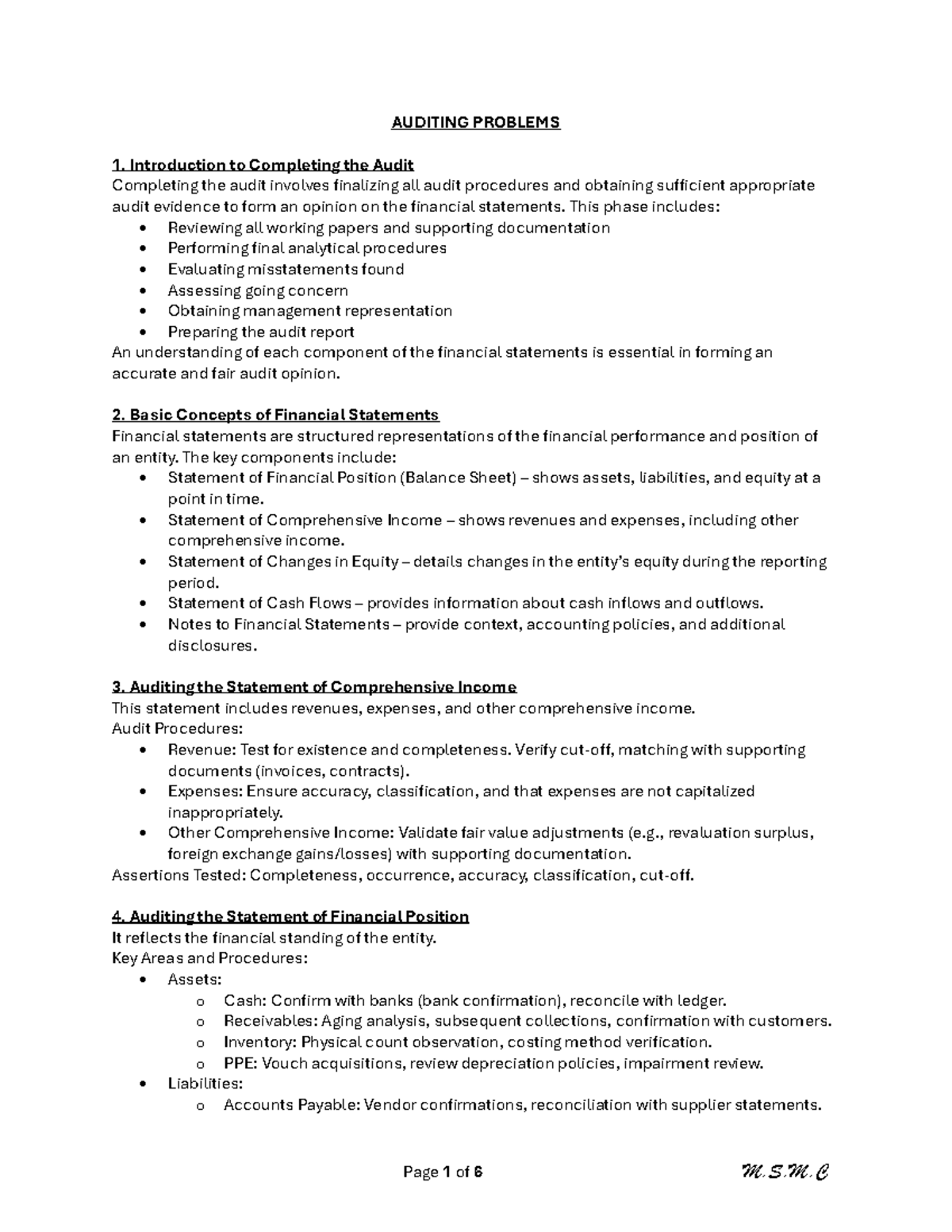 AUDITING PROBLEMS: Completion of Financial Statement Audit (M.S.M.C ...
