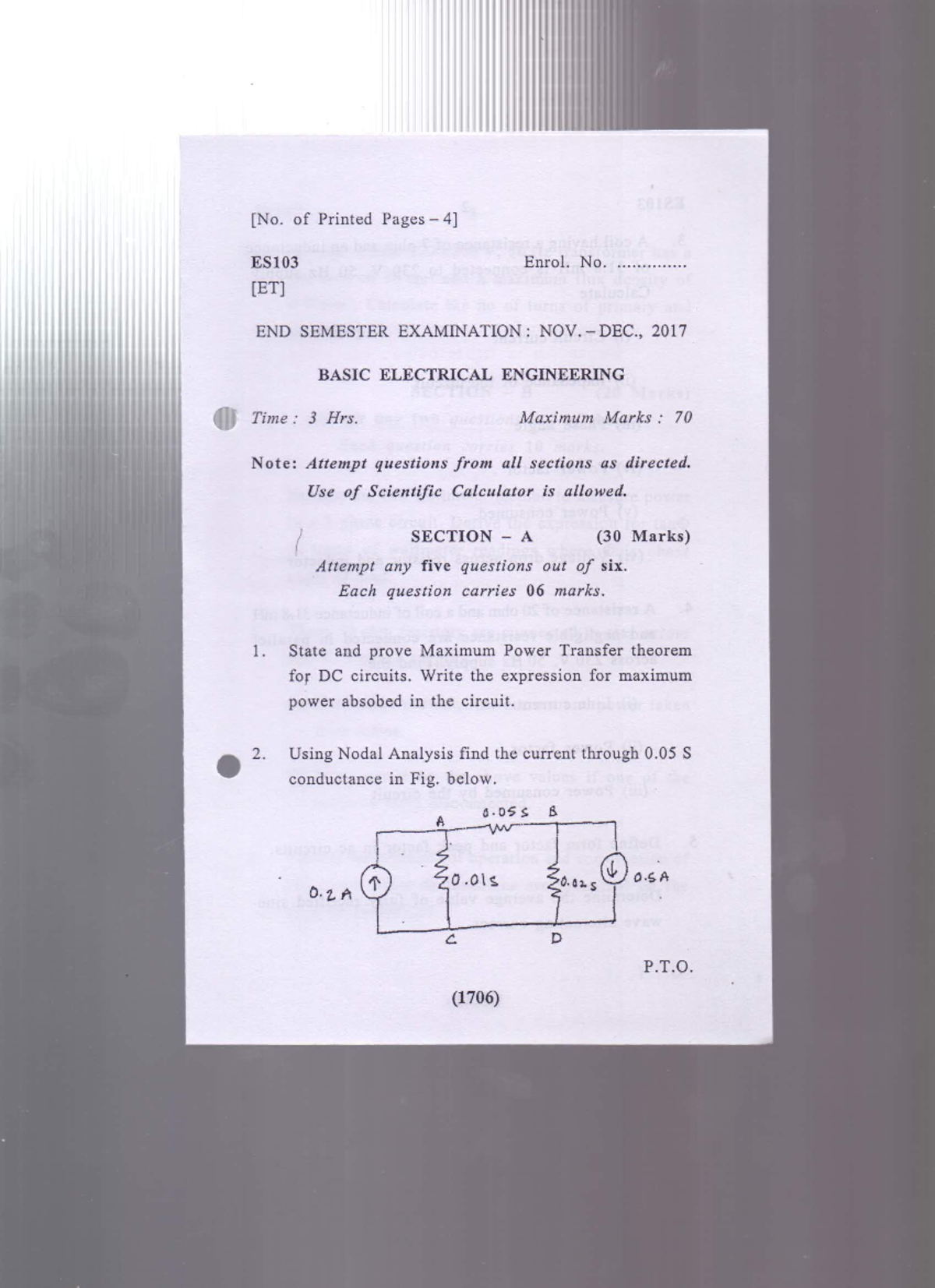 Basic Electrical Engineering Exam Notes, ES103, Dec 2017 - Studocu