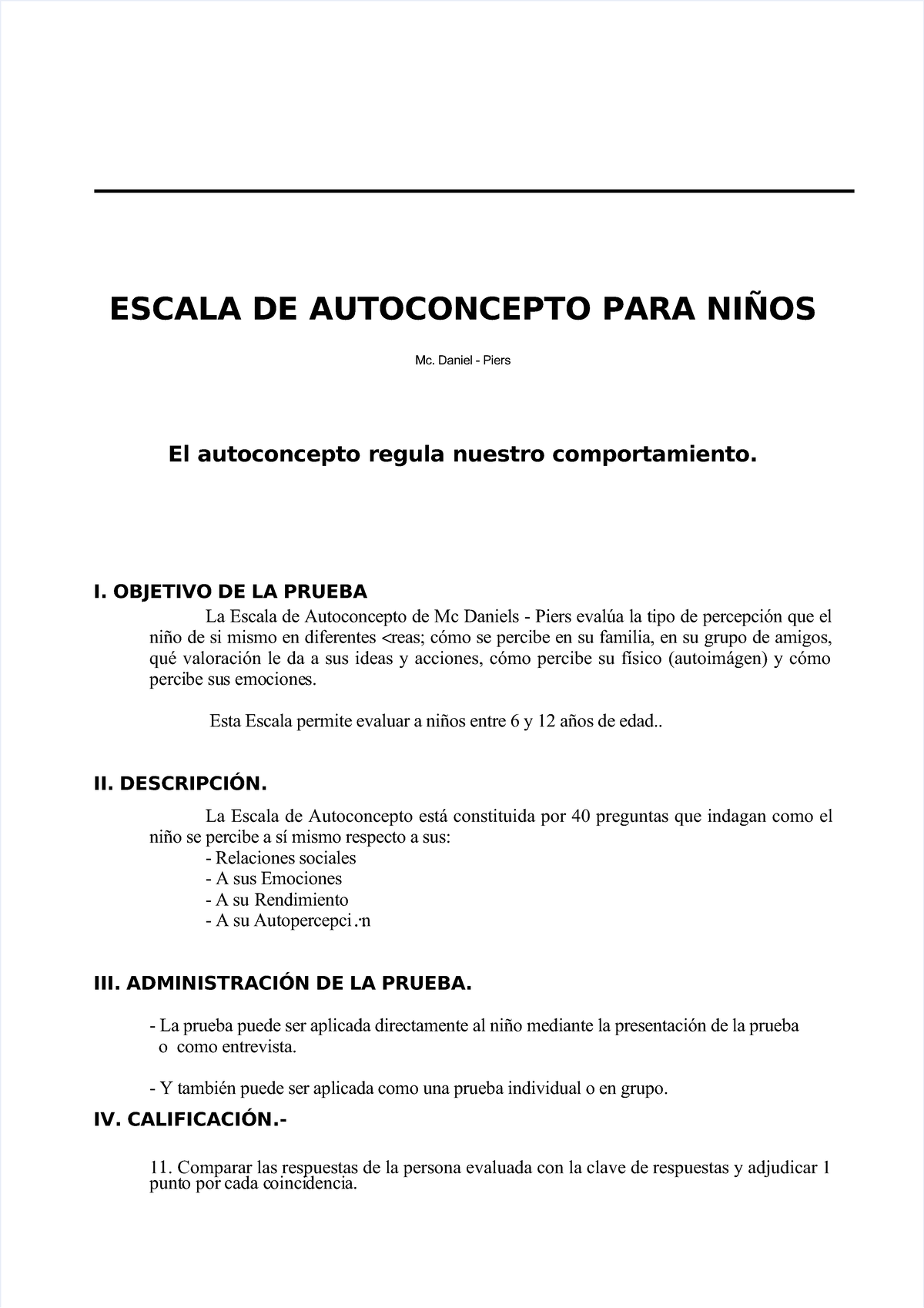 Escala de Autoconcepto para Niños - Evaluación Mc Daniel Piers - Studocu