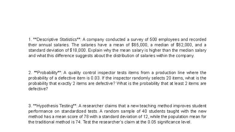 Statistics Problem Set: Analyzing Salaries, Probabilities, and Research ...