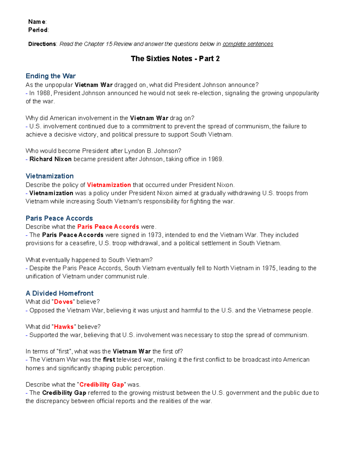 The Sixties Notes - Part 2 teminado - Name: Period: Directions: Read ...