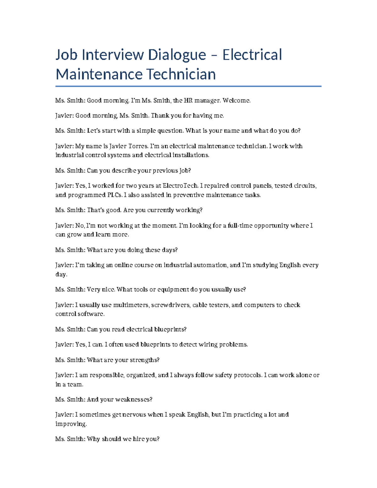 Job Interview Dialogue for Electrical Maintenance Technician - Studocu