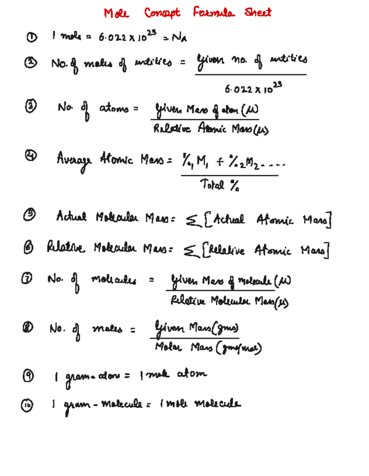Mole Concept Formula Sheet 1 - Essential Equations and Values - Studocu