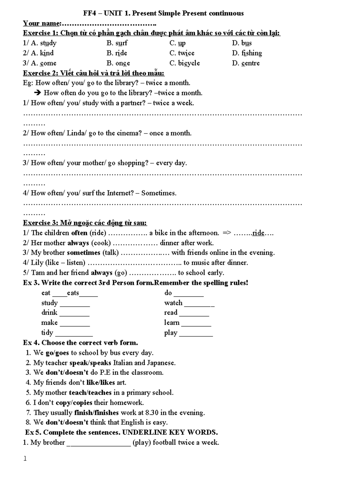 FF4 UNIT 1: Present Simple & Continuous Exercises - Studocu