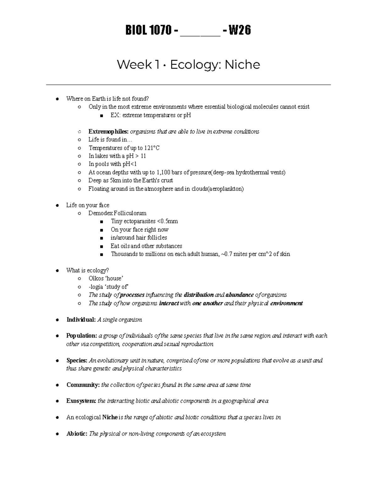 BIOL 1070 W26 Week 1: Ecology and Extremophiles Explained - Studocu