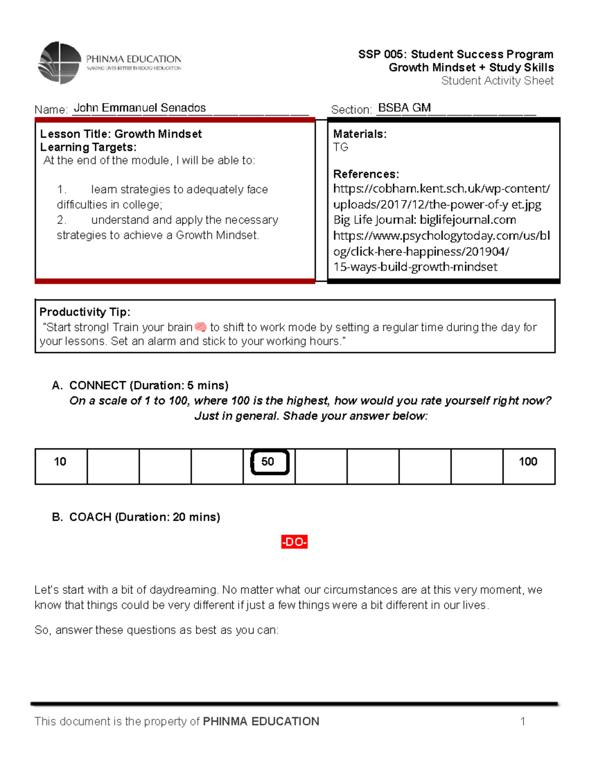 SSP 005 Growth Mindset Student Activity Sheet and Learning Targets ...