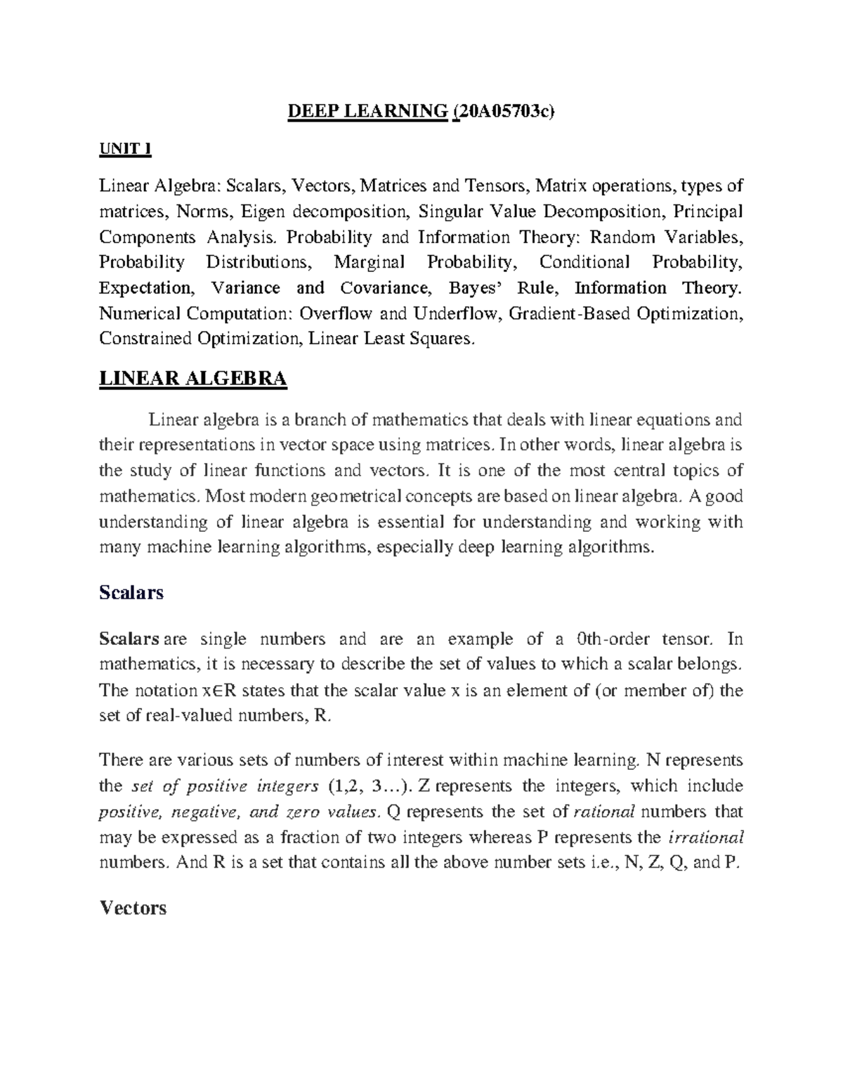 Deep Learning Unit 1 Material R20 Deep Learning 20a05703c Unit I Linear Algebra Scalars