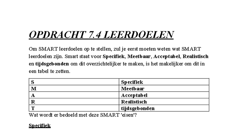 OPDRACHT 7.4: SMART Leerdoelen en Voorbeelden voor Stages - Studeersnel