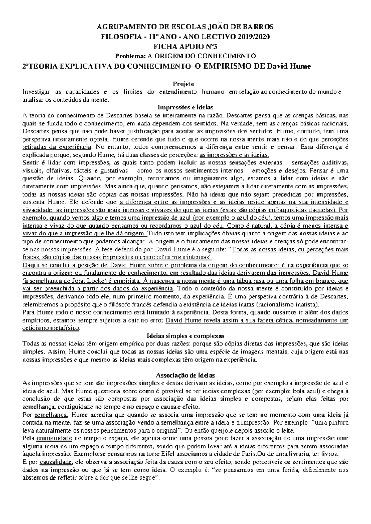 Resumos - Teoria do Conhecimento: Empirismo de David Hume - Filosofia ...