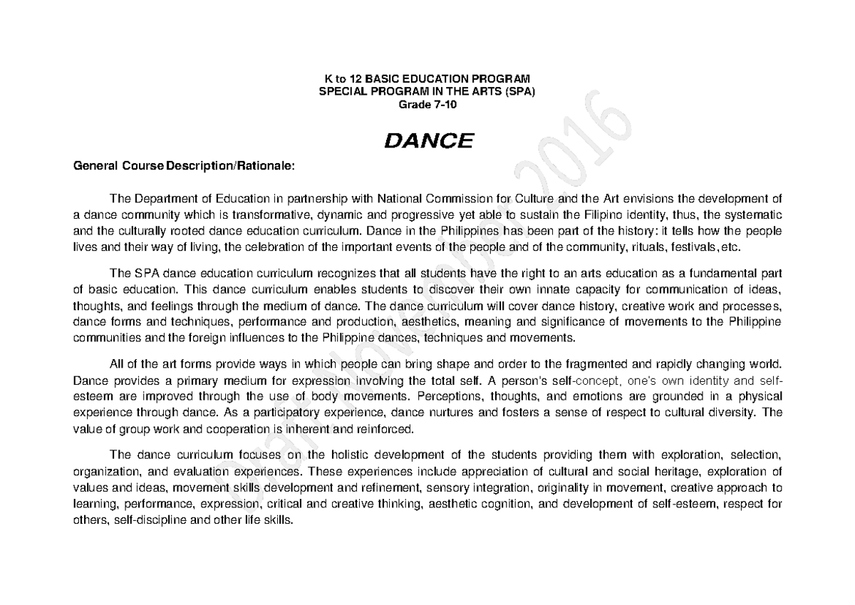 SPA Dance Curriculum Guide for Grade 7: Movement & Performance - Studocu