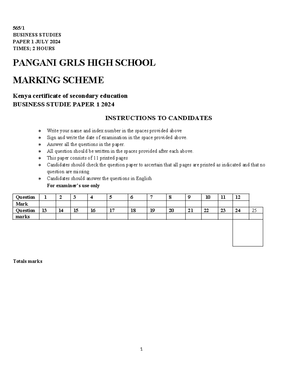 BUSINESS STUDIES PAPER 1 JULY 2024 MARKING SCHEME - PANGANI GRLS HIGH ...
