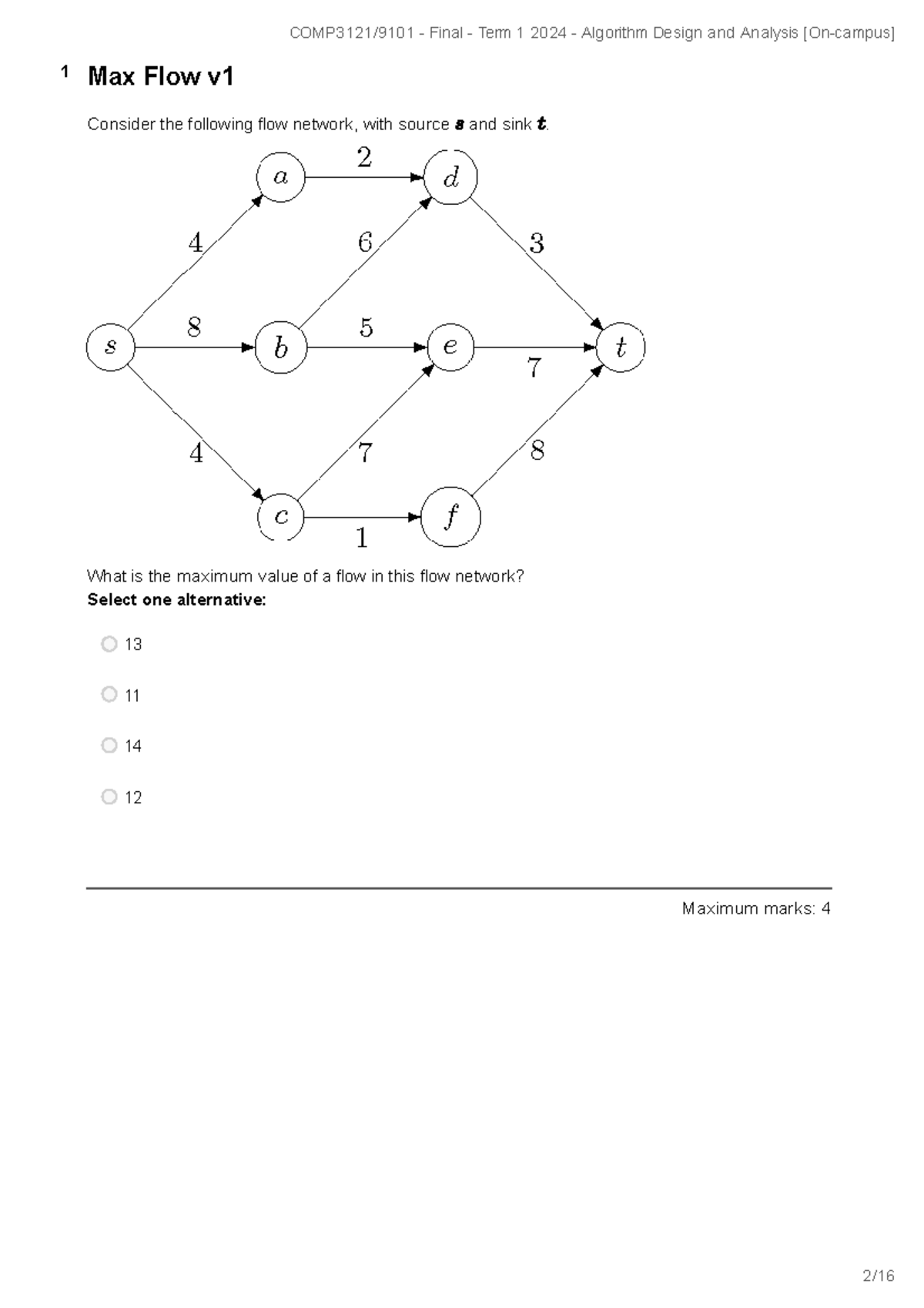 Final Exam 1 2024 Algorithm Design and Analysis: Max Flow & More - Studocu