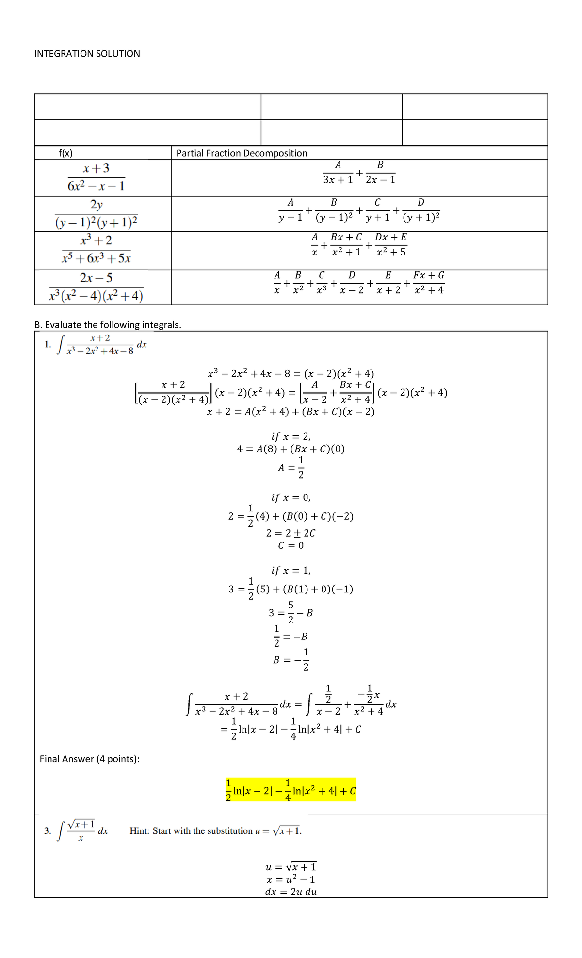 Integrals - Integration - INTEGRATION SOLUTION f(x) Partial Fraction ...