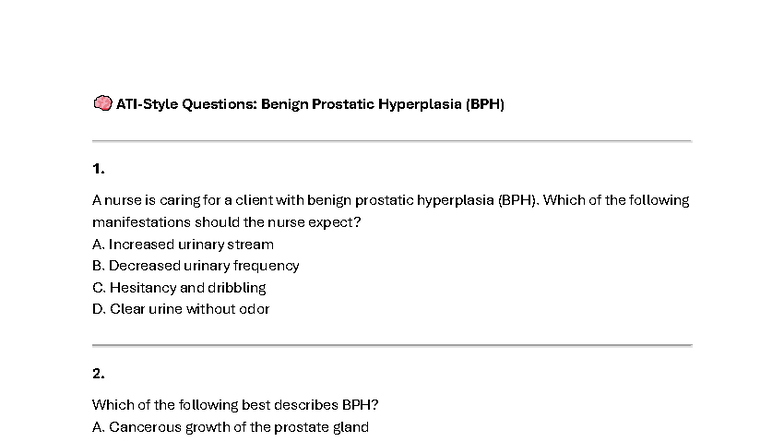 ATI-Style Questions on Benign Prostatic Hyperplasia (BPH) - Studocu