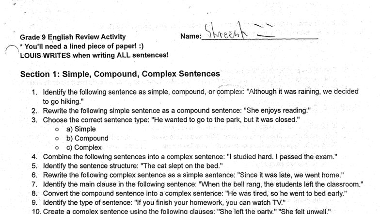 English Review Activity: Sentence Structure & Conjunctions (ENG101 ...