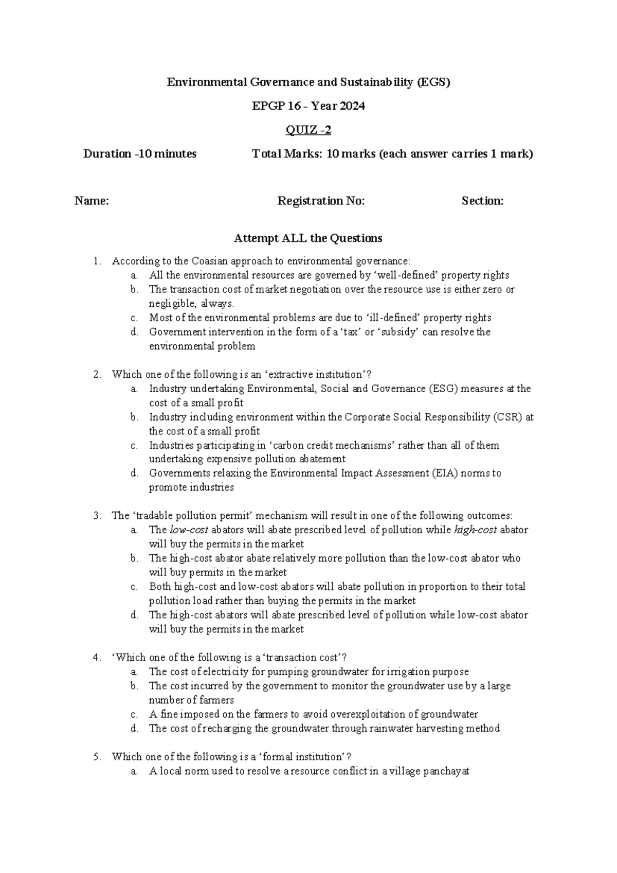EGS EPGP 16 Year 2024 Environmental Governance Quiz 2 Notes - Studocu