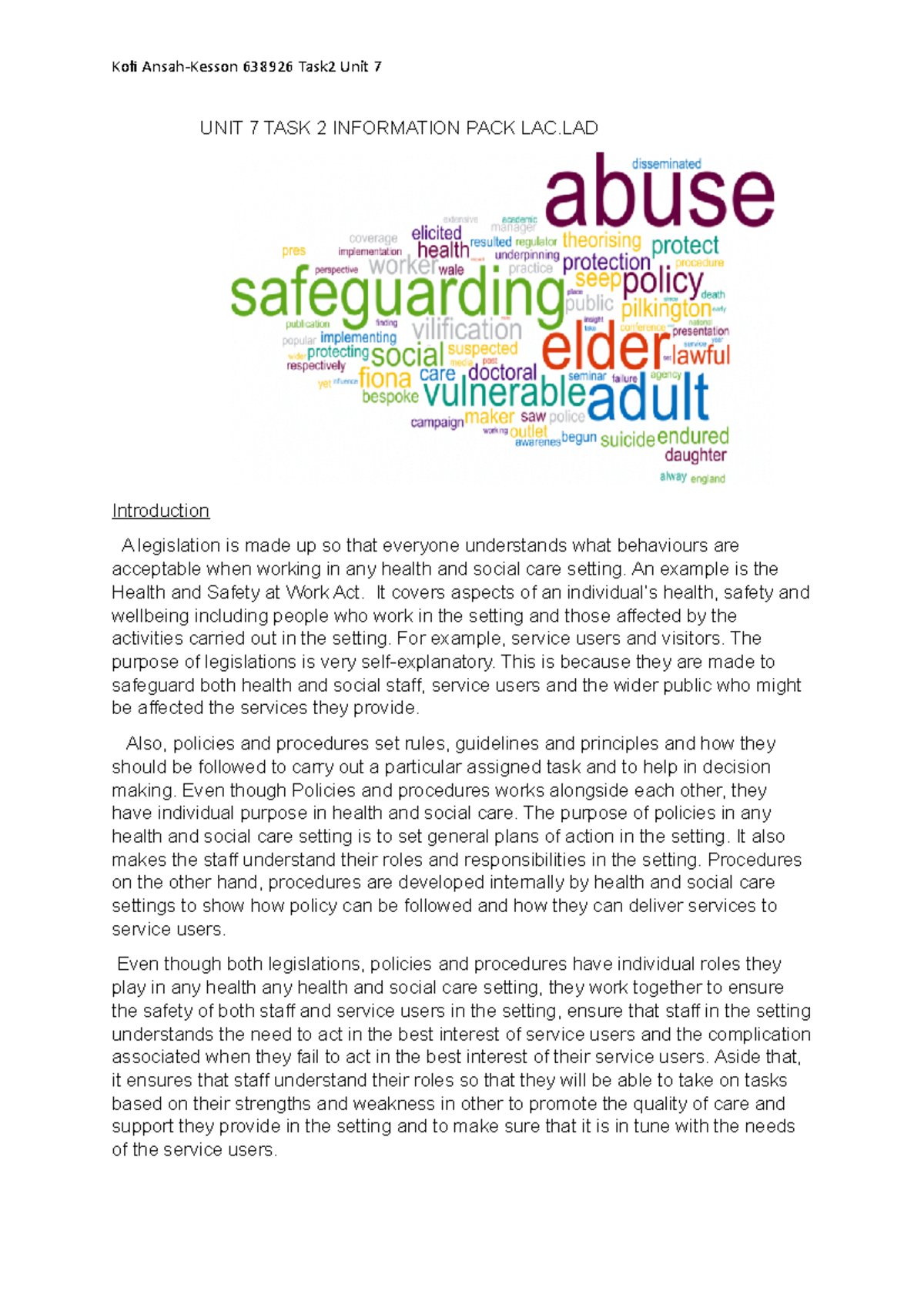 Unit 7 Principles of Safe Practices - UNIT 7 TASK 2 INFORMATION PACK LAC Introduction A ...