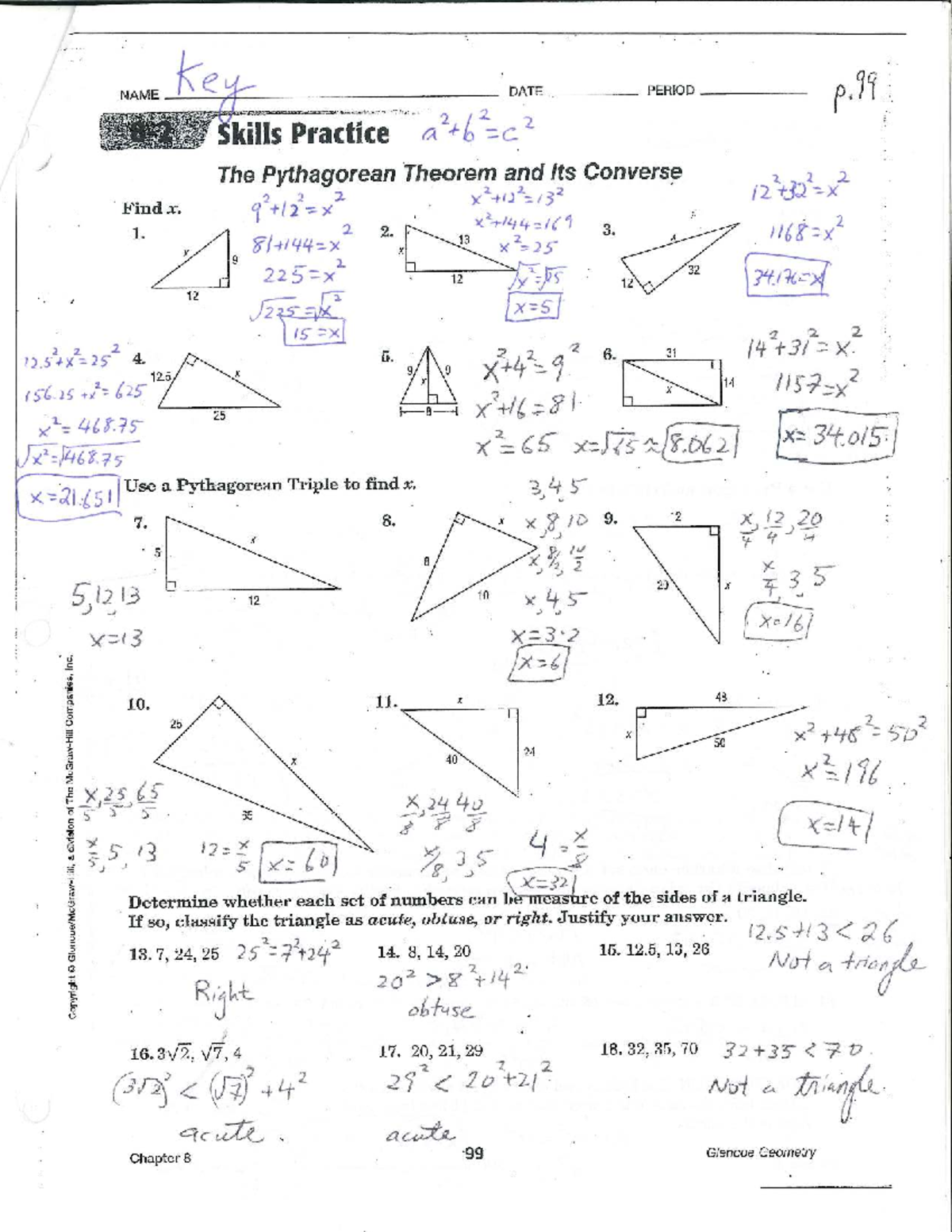 A2 Geometry: Pythagorean Theorem Practice Solutions (pg 99-100) - Studocu