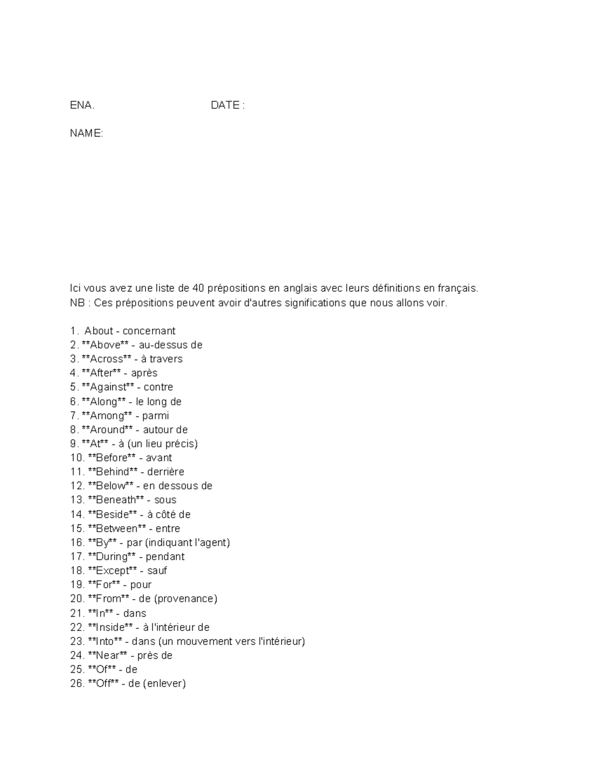 ENA - Liste de 40 prépositions en anglais avec définitions en français ...