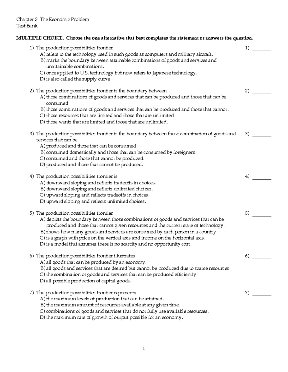 Chapter 2 Economic Problem MCQ Test Bank (MULTIPLE CHOICE) - Studocu