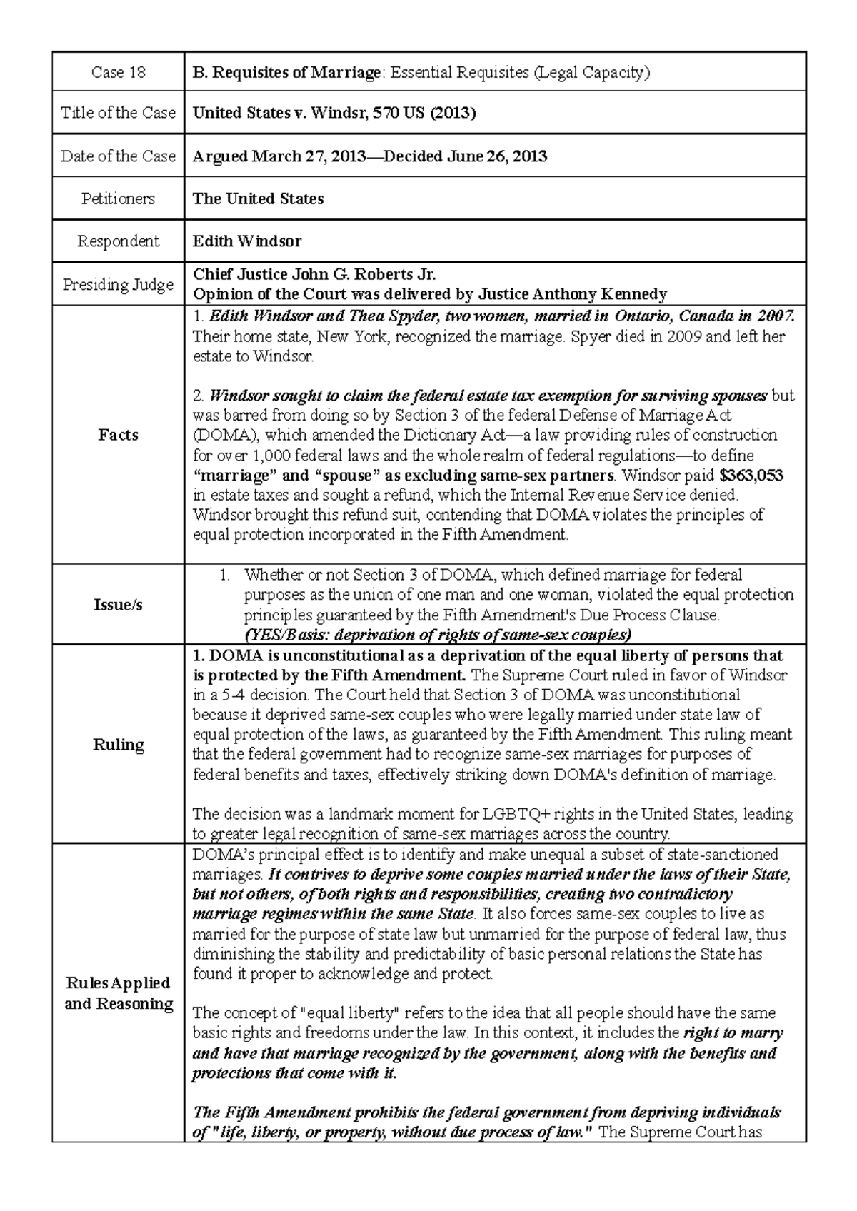 Case Study: United States v. Windsor (2013) - Legal Capacity & Marriage ...
