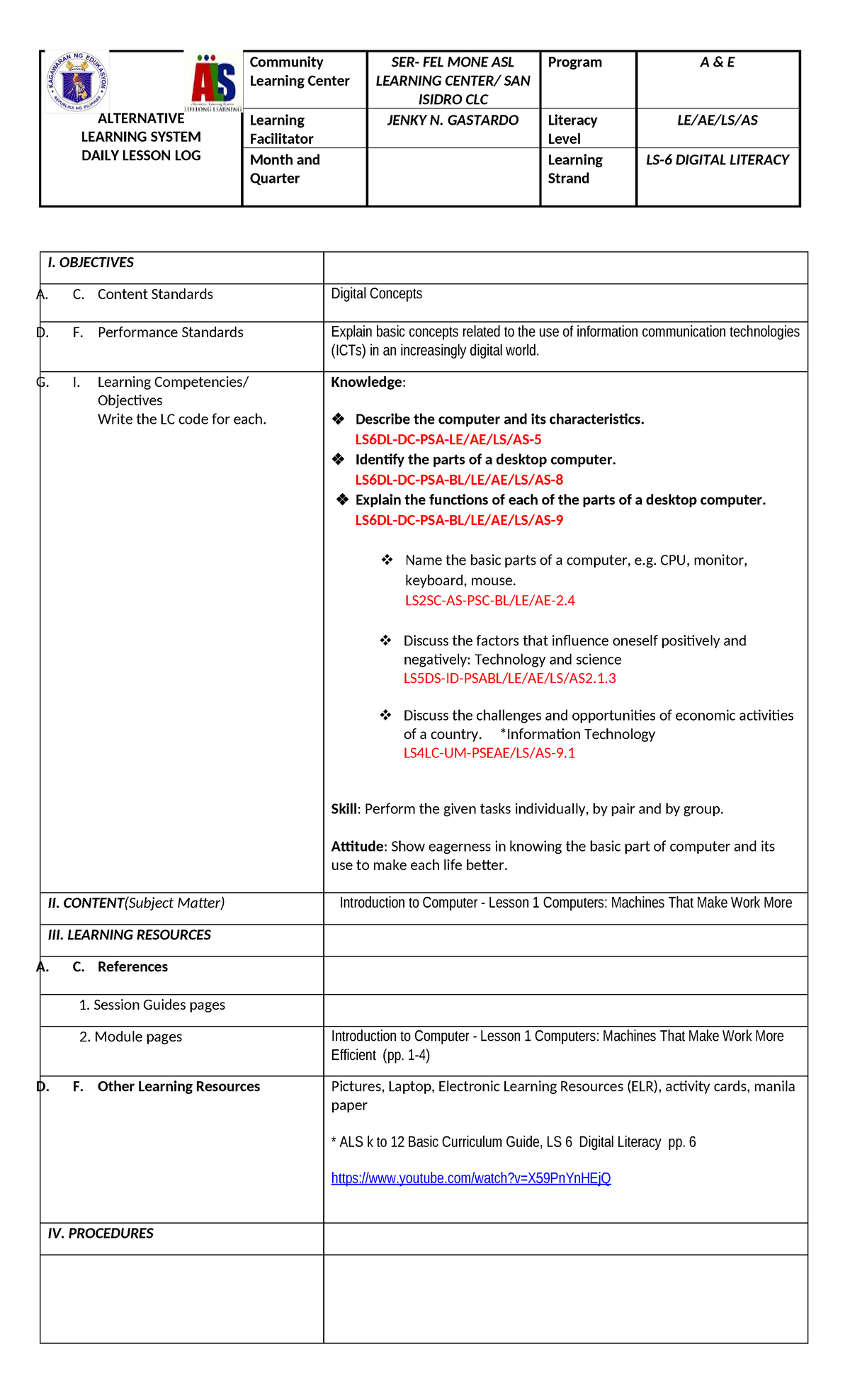 ALS Daily Lesson Log: Introduction to Computer Concepts by J. N ...