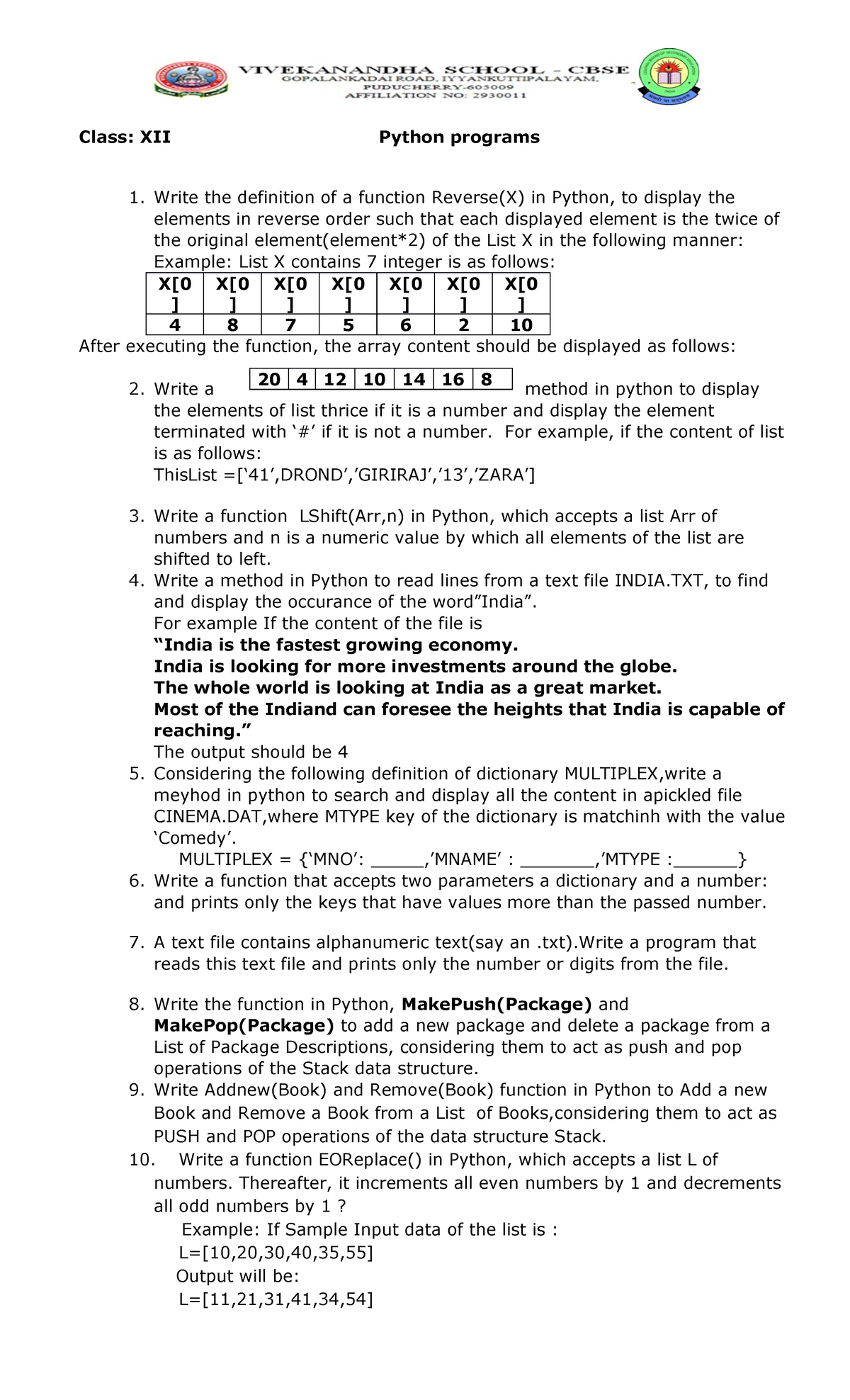XII Python Programs: Functions, Lists, and File Handling Techniques - Studocu