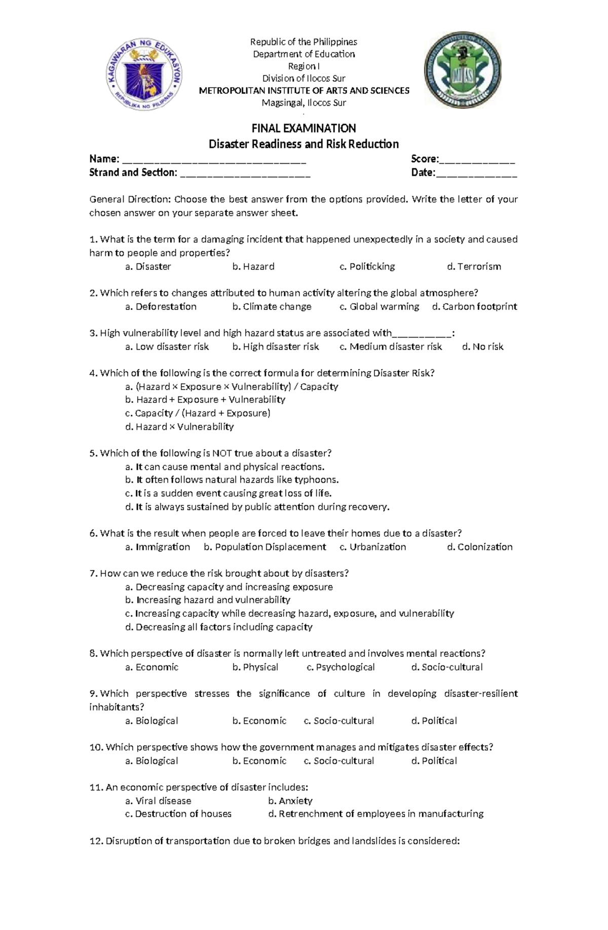 Final Exam - DRRR: Disaster Readiness and Risk Reduction - Studocu