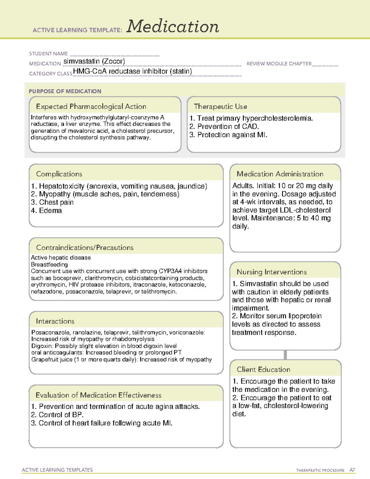 Simvastatin (Zocor) - Comprehensive Medication Guide for Nursing ...