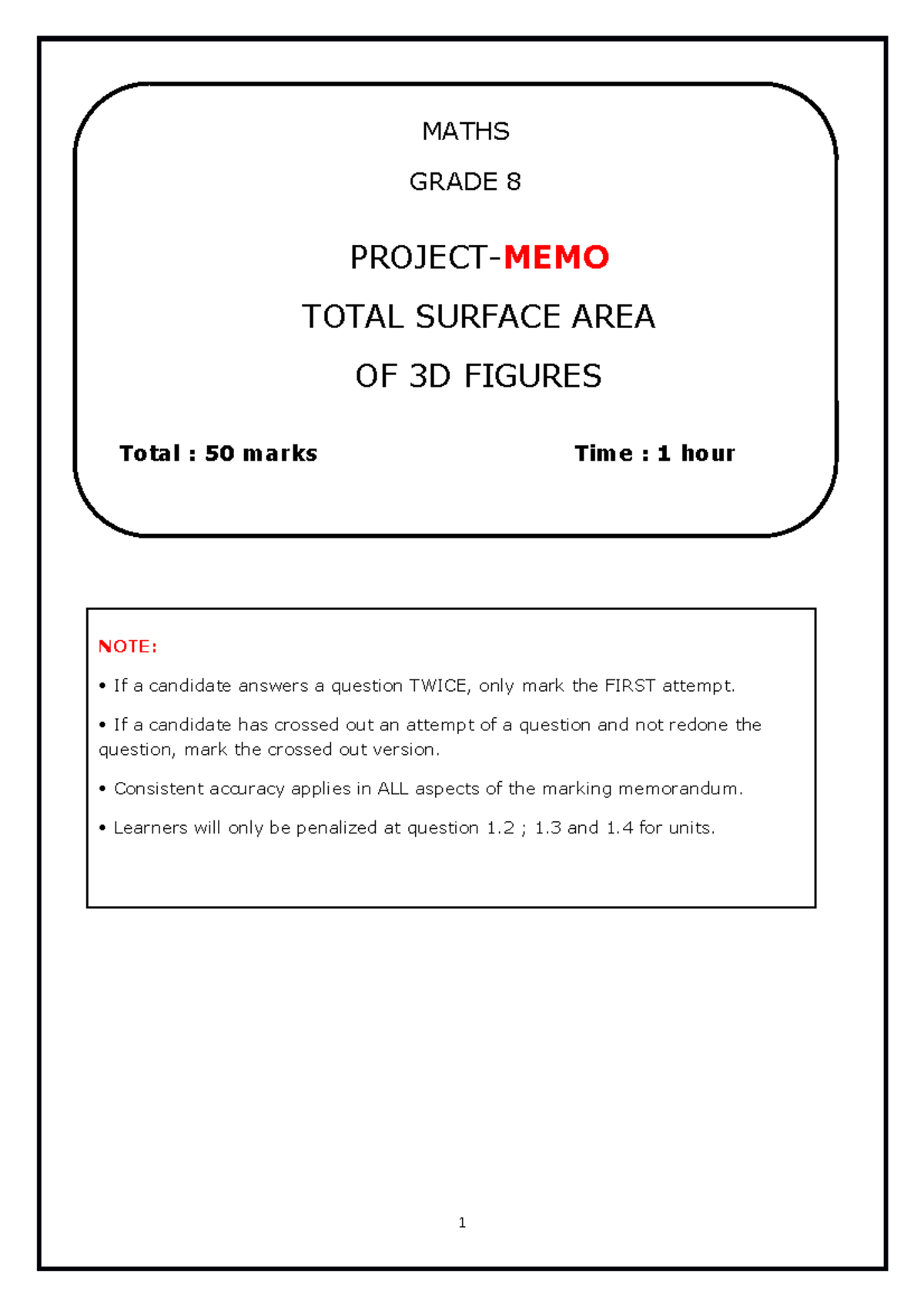 Mathematics Gr 8 Project Memo: Total Surface Area of 3D Figures - Studocu