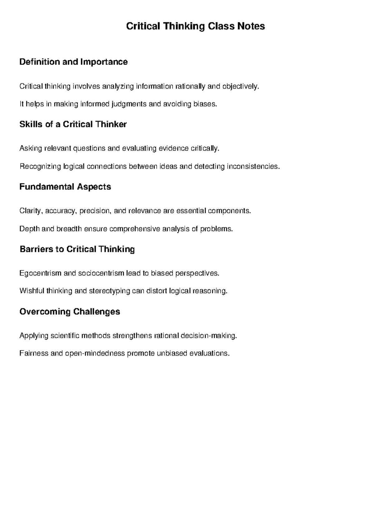 Critical Thinking - Class notes. - Critical Thinking Class Notes ...