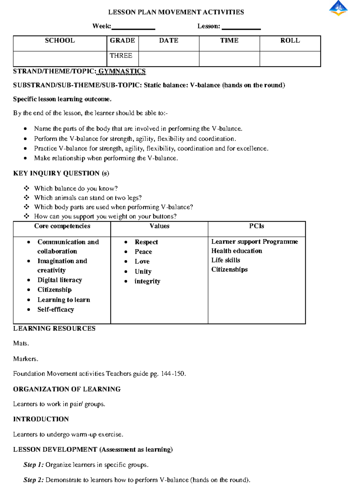 Grade 3 Gymnastics Lesson Plans: Movement Activities Overview - Studocu